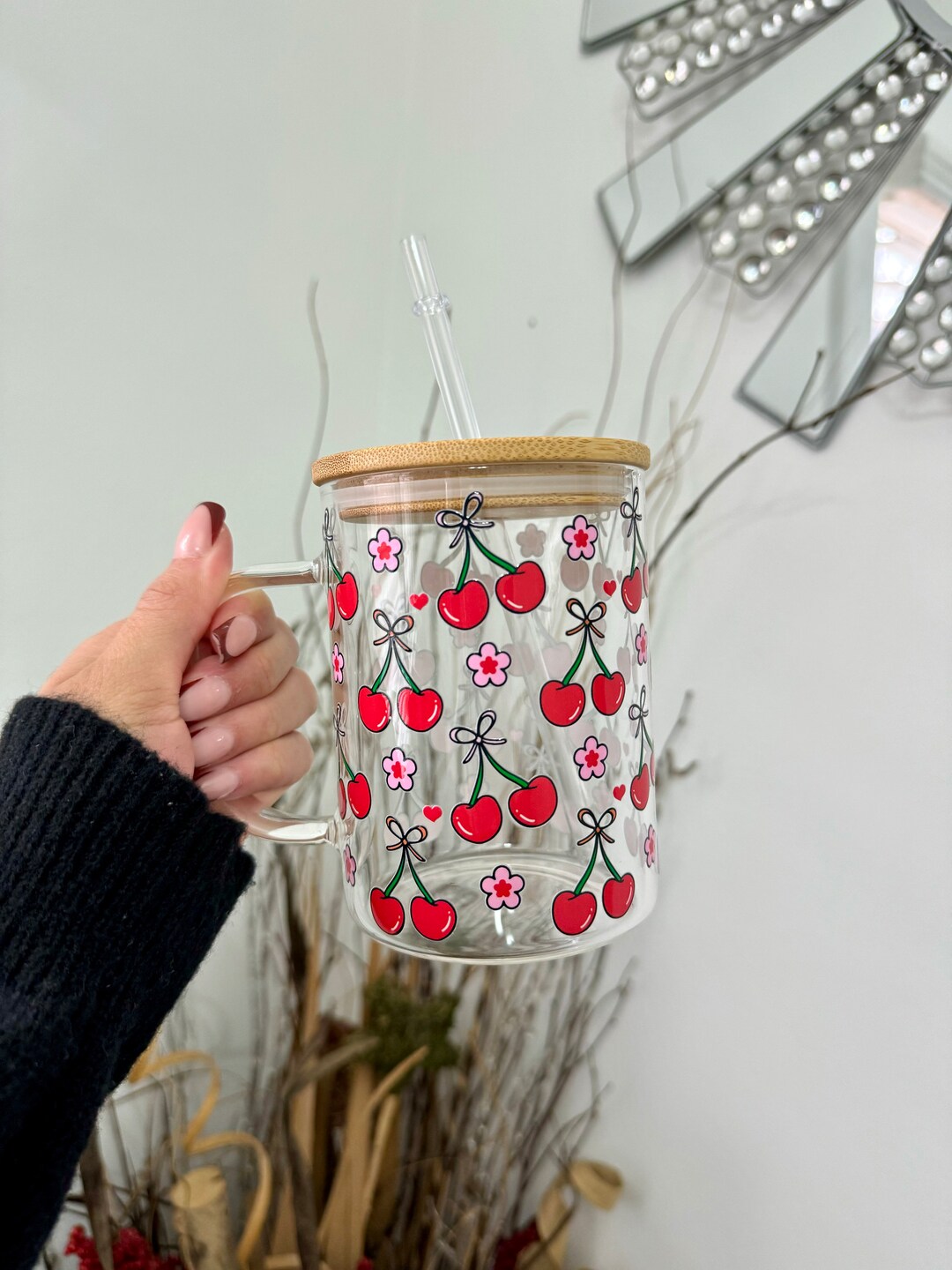 Cherry Daisy 16oz Glass Cup Mug With Lid and Straw, Cute Fruit Trendy ...