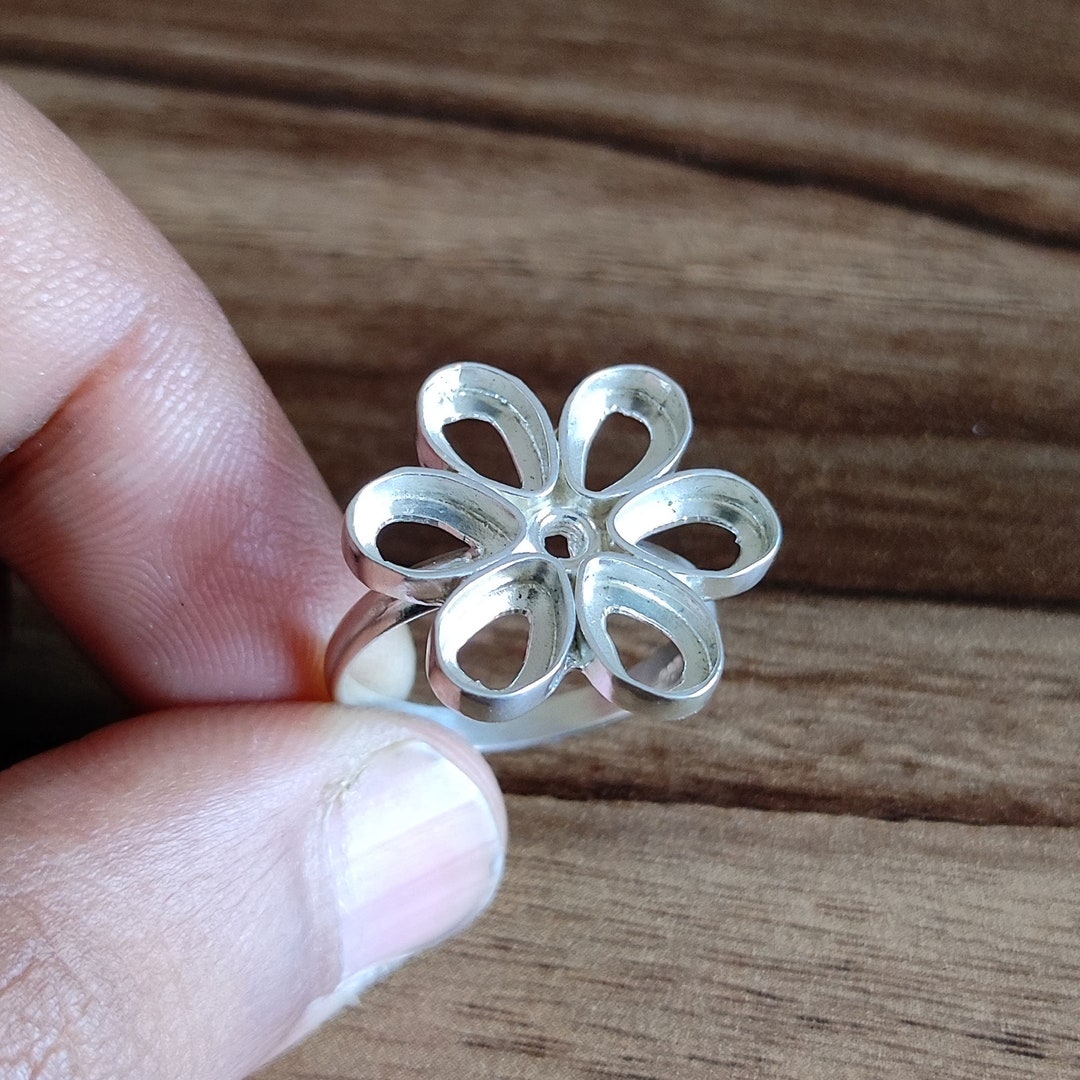 Sterling Silver Plated Flower Bezel Ring Blank, DIY Pear Stone Setting ...