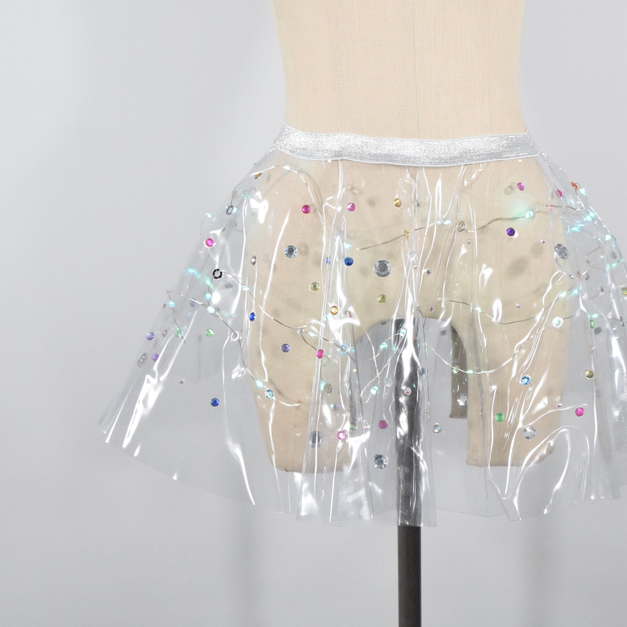 Clear Vinyl LED Light-up Mini Skirt S/M Rainbow Rhinestone Jewel Sheer ...