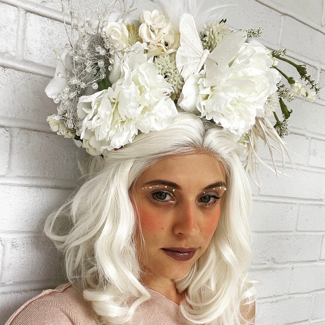 White Woodland Fairy Floral Crown Tiara Feather Nymph Headpiece ...