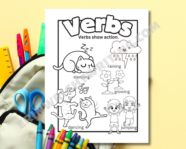 Kid's Grammar Coloring Sheets, Nouns Coloring Sheet, Verbs Coloring ...