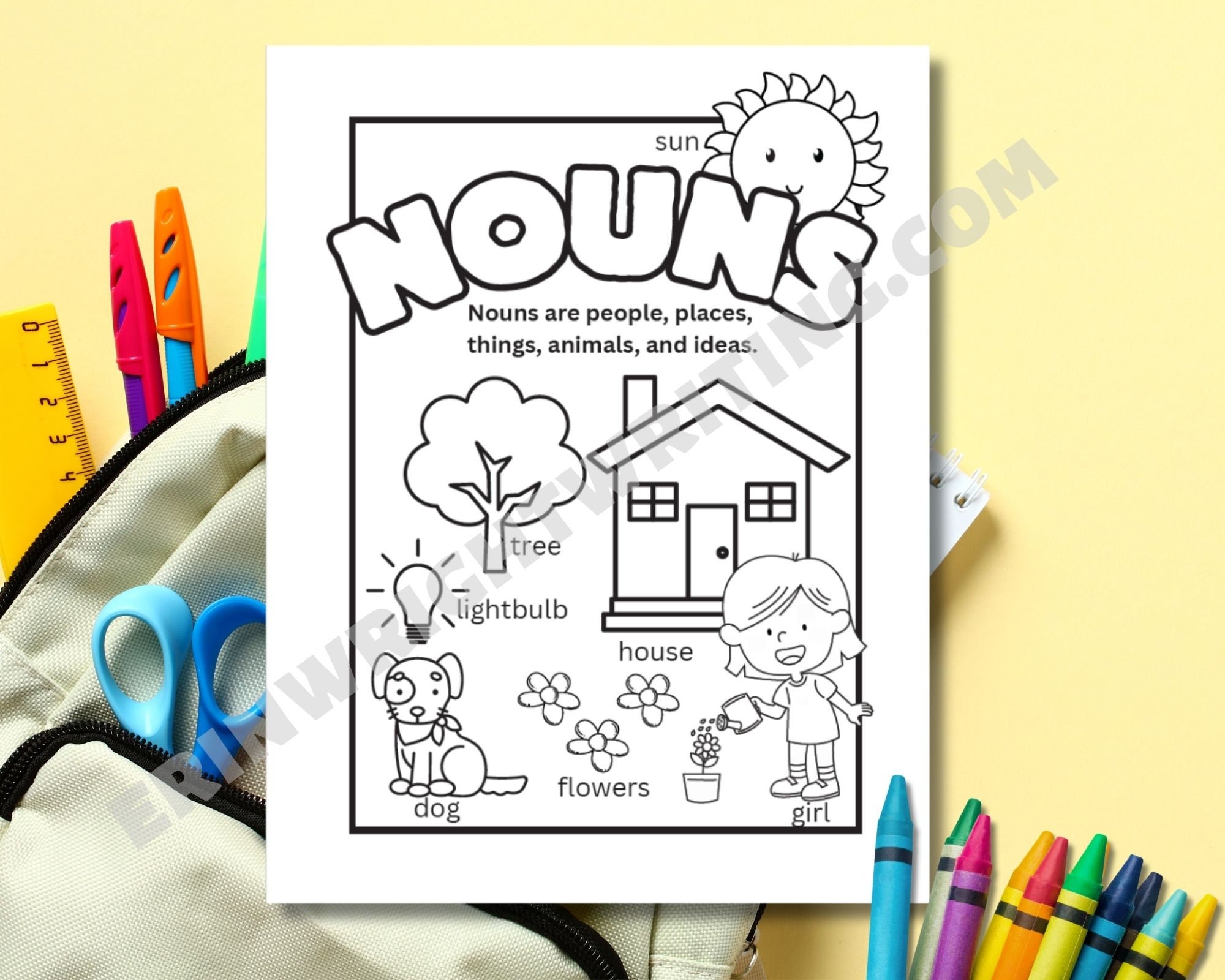 Kid's Grammar Coloring Sheets, Nouns Coloring Sheet, Verbs Coloring ...