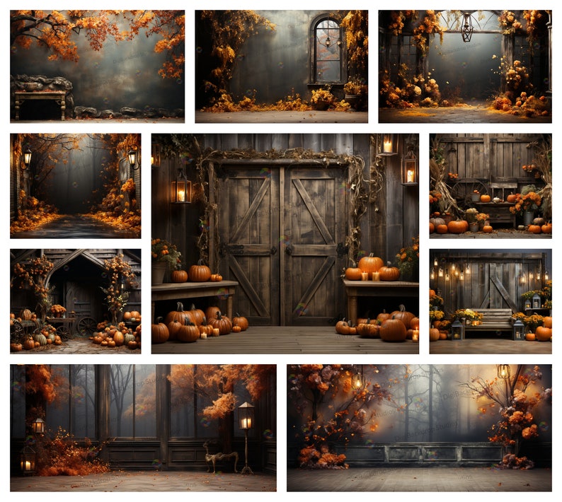 Autumn Barn Door Digital Backdrops – High-res PNG for Zoom & Photography, Rustic Fall Charm With ...