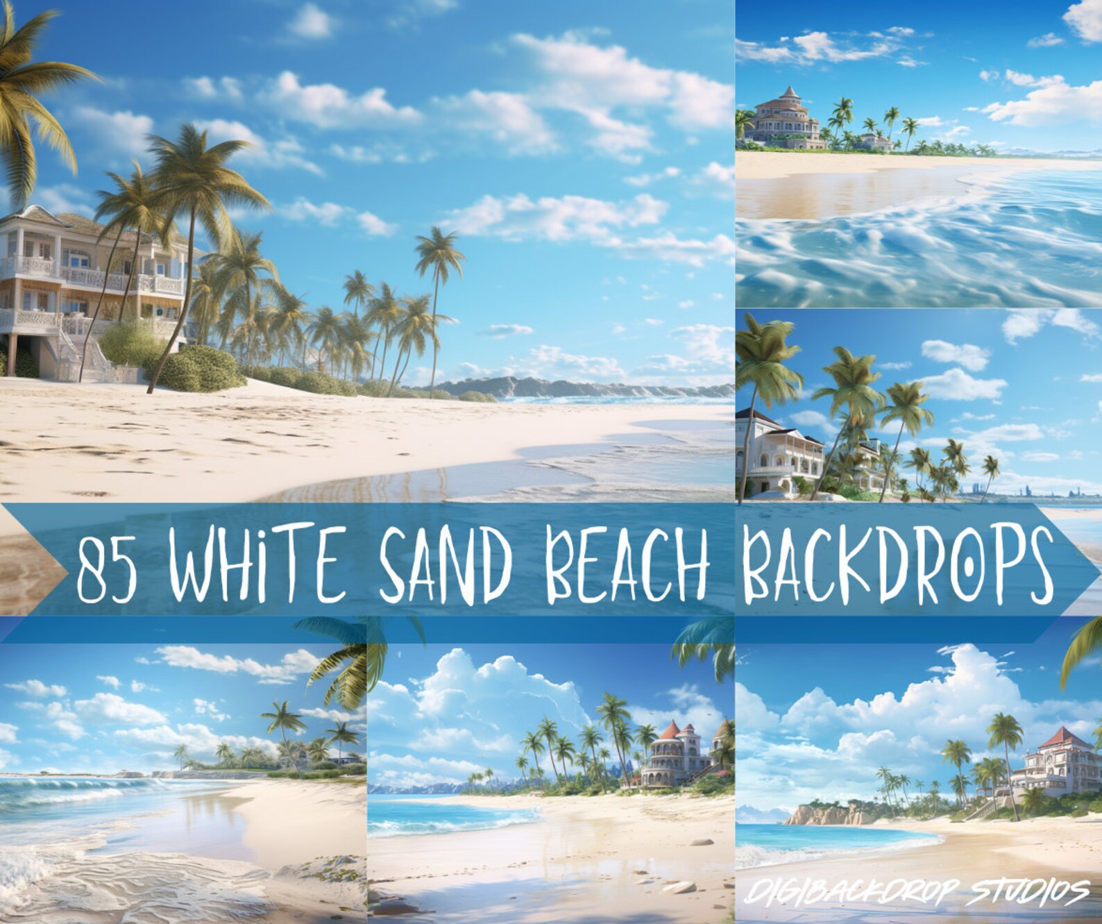 White Sand Beach Digital Backdrop: Photography Zoom Background (PNG ...