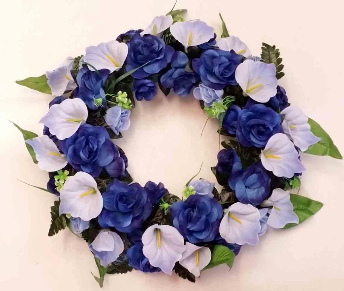 Royal Blue Rose & Calla Lily Funeral Wreath - 24-inch Memorial Tribute ...
