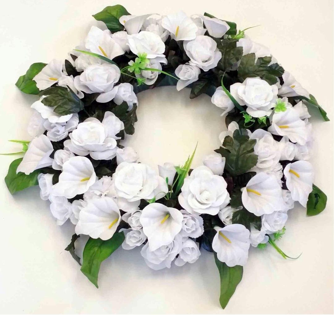 White Rose & Calla Lily Funeral Wreath - 24-inch Memorial Tribute ...