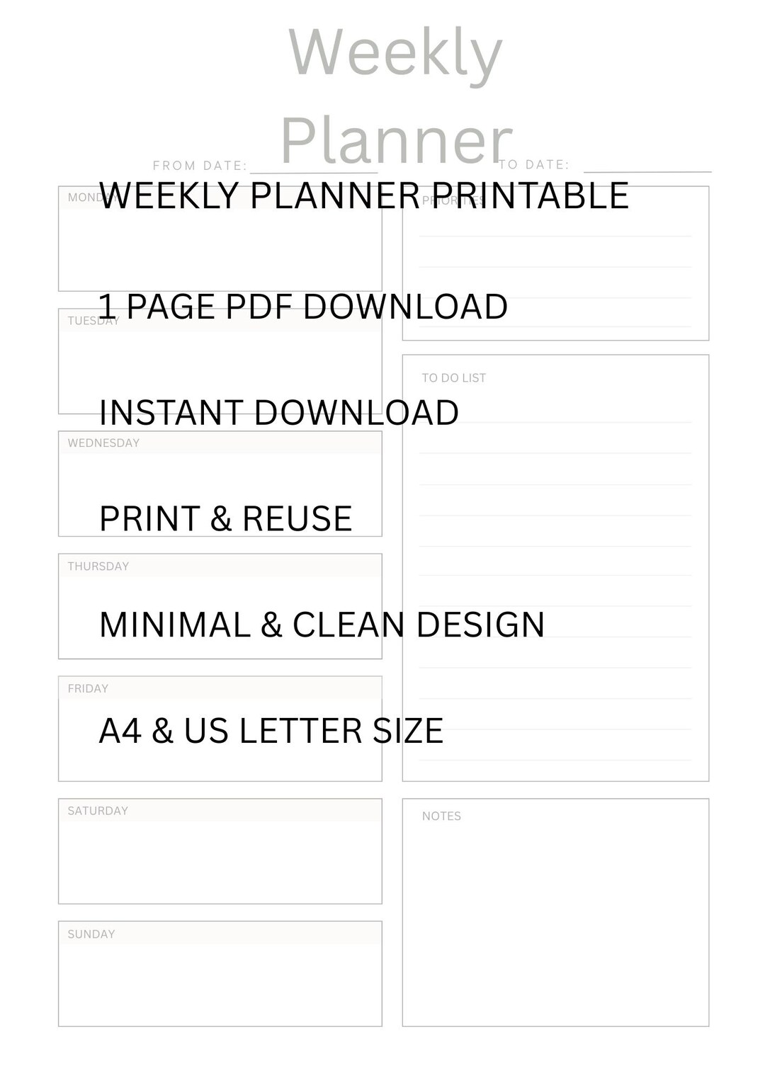 Weekly Planner Printable | 1 Page Planner PDF | Minimal Schedule ...