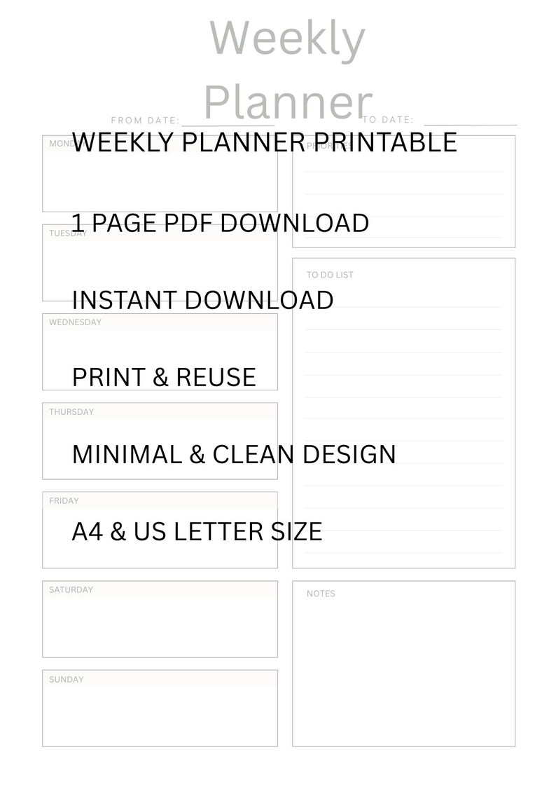 Weekly Planner Printable | 1 Page Planner PDF | Minimal Schedule ...