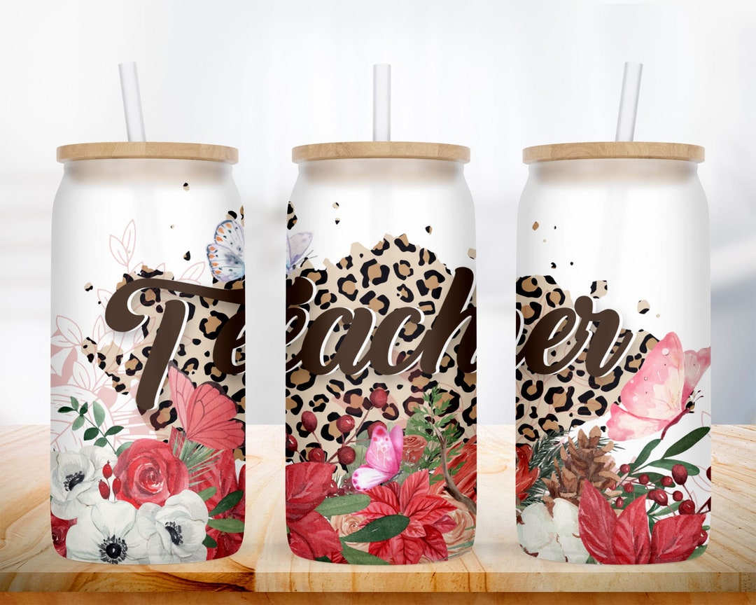 Teacher Glass Cup, Teacher Iced Coffee Cup, Teacher Leopard Tumbler ...