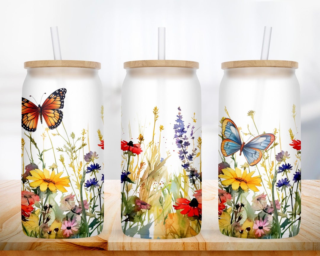 Flower Butterfly Glass Tumbler, Floral Coffee Glass, Floral Glass Cup ...