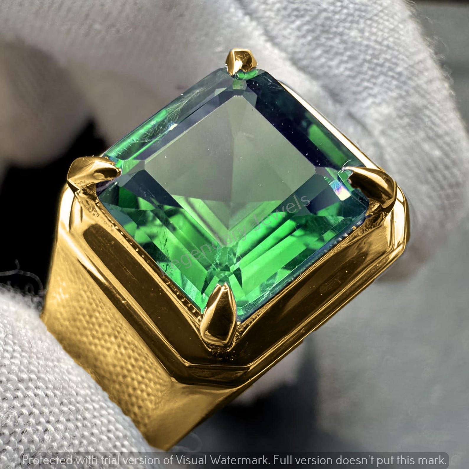 14K Solid Gold Men's Emerald Ring: Green Square Gemstone, Art Deco ...