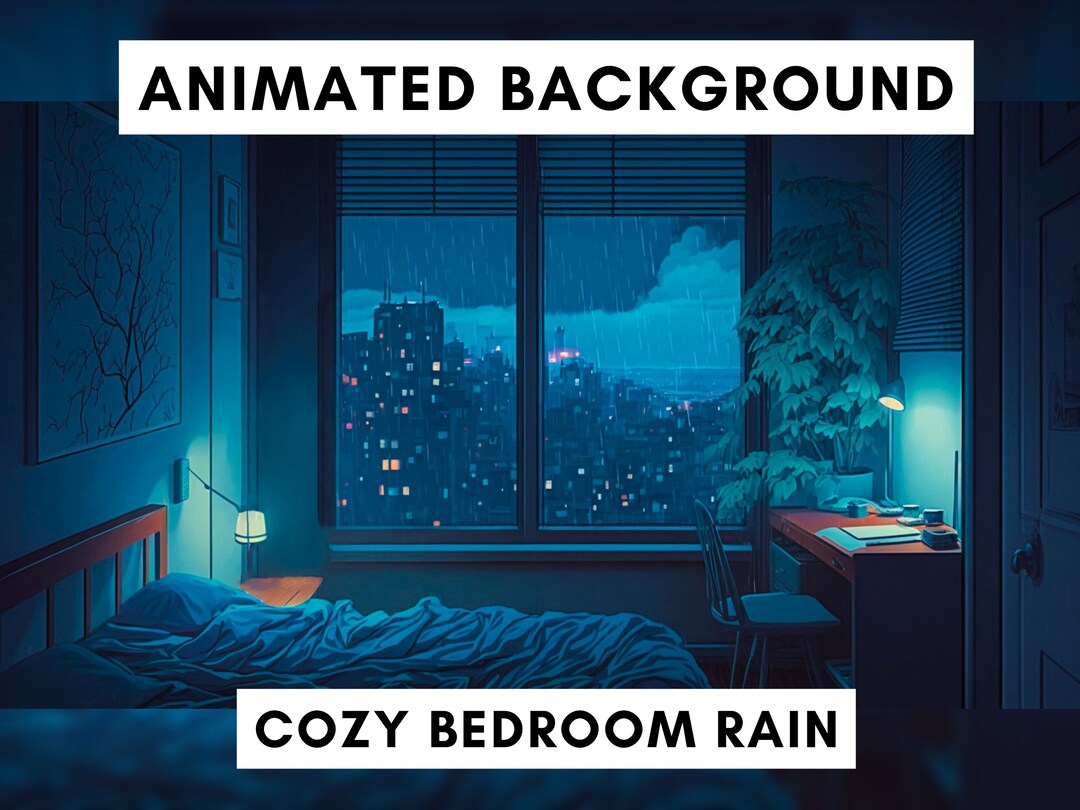 Vtuber Animated Background for Twitch, Cozy Lofi Bedroom Rain, Blue ...