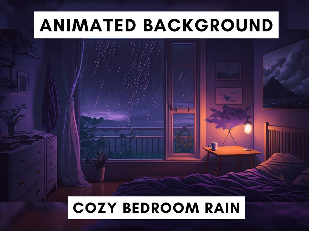 Vtuber Animated Background for Twitch, Cozy Lofi Bedroom Rain, Purple ...