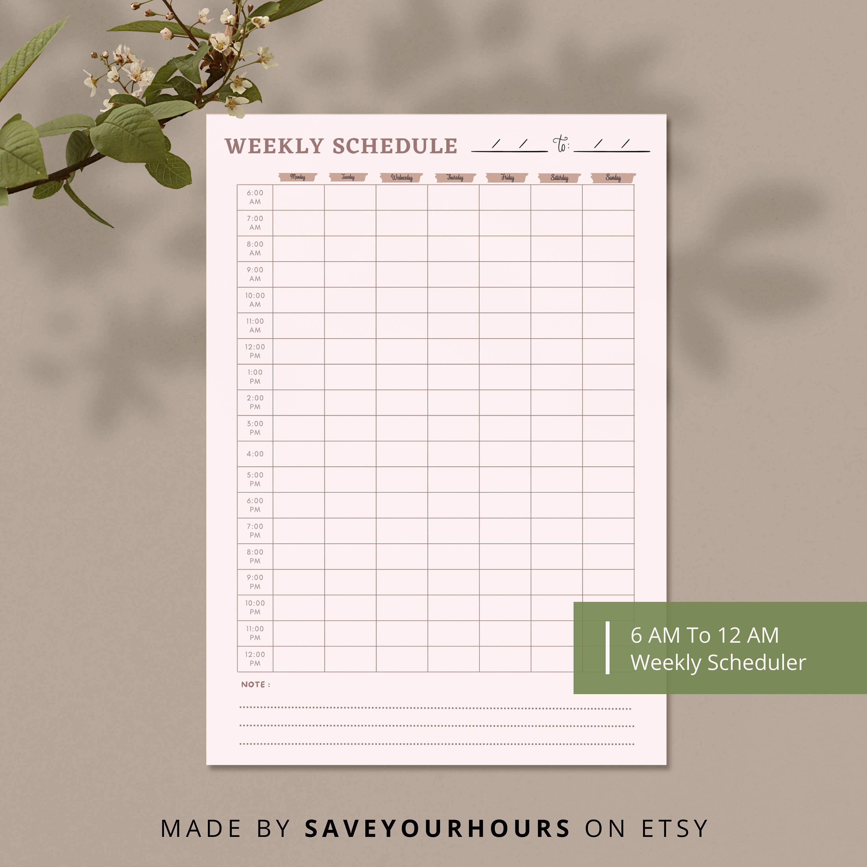 18 Hour Weekly Planner, Weekly Planner Printable, Week at a Glance ...