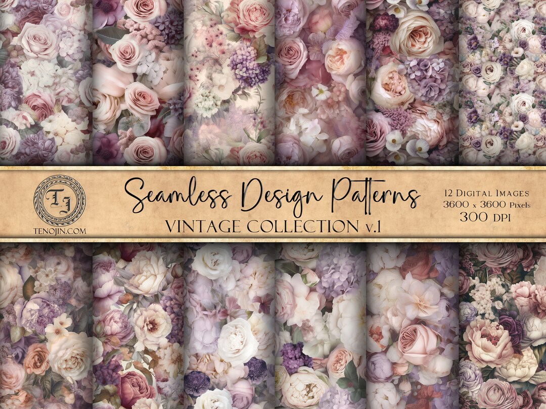 Vintage Digital Design Paper Seamless Floral Pattern Set Flower ...
