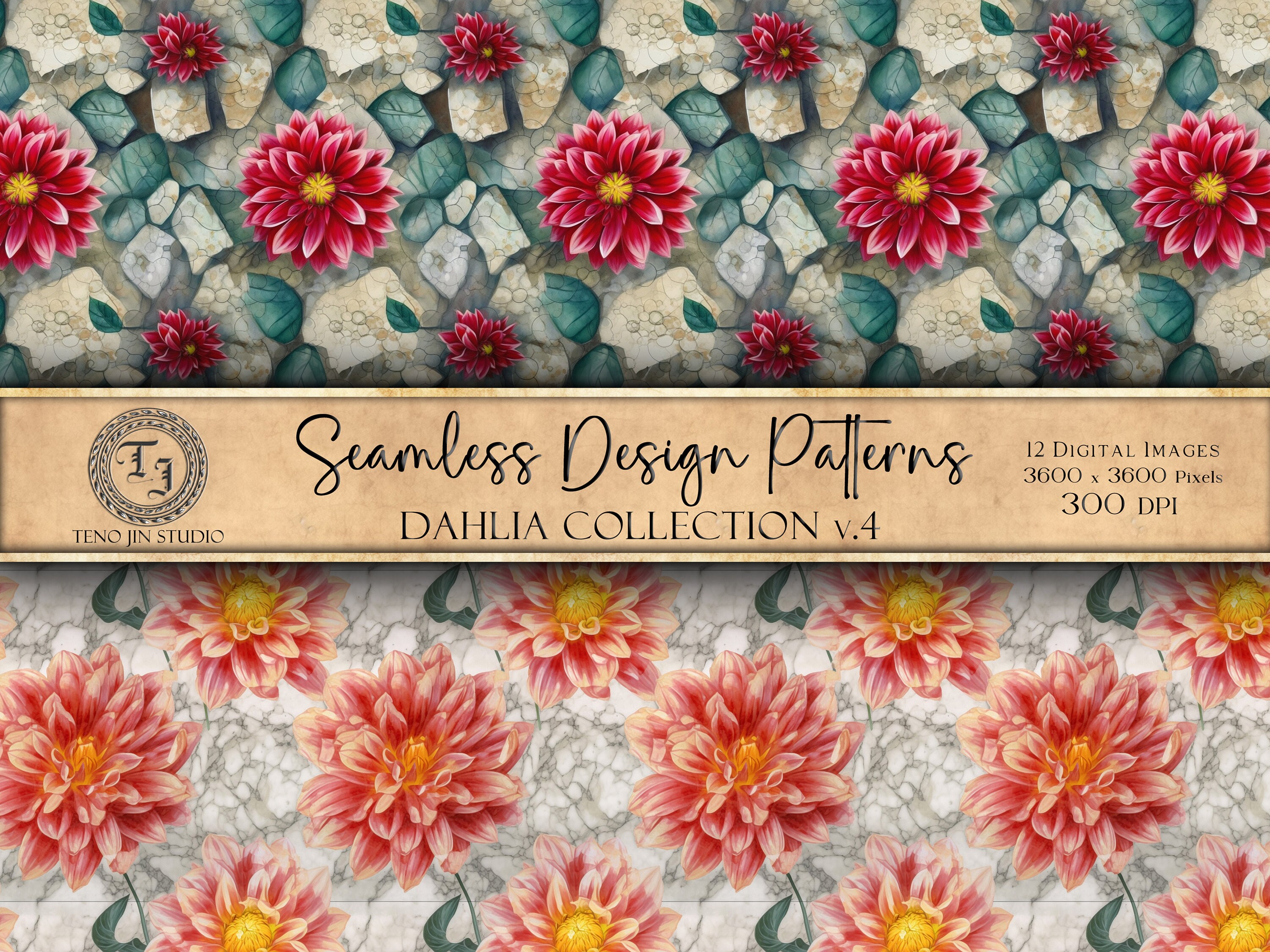 Dahlia Digital Design Paper Seamless Floral Pattern Set Flower ...