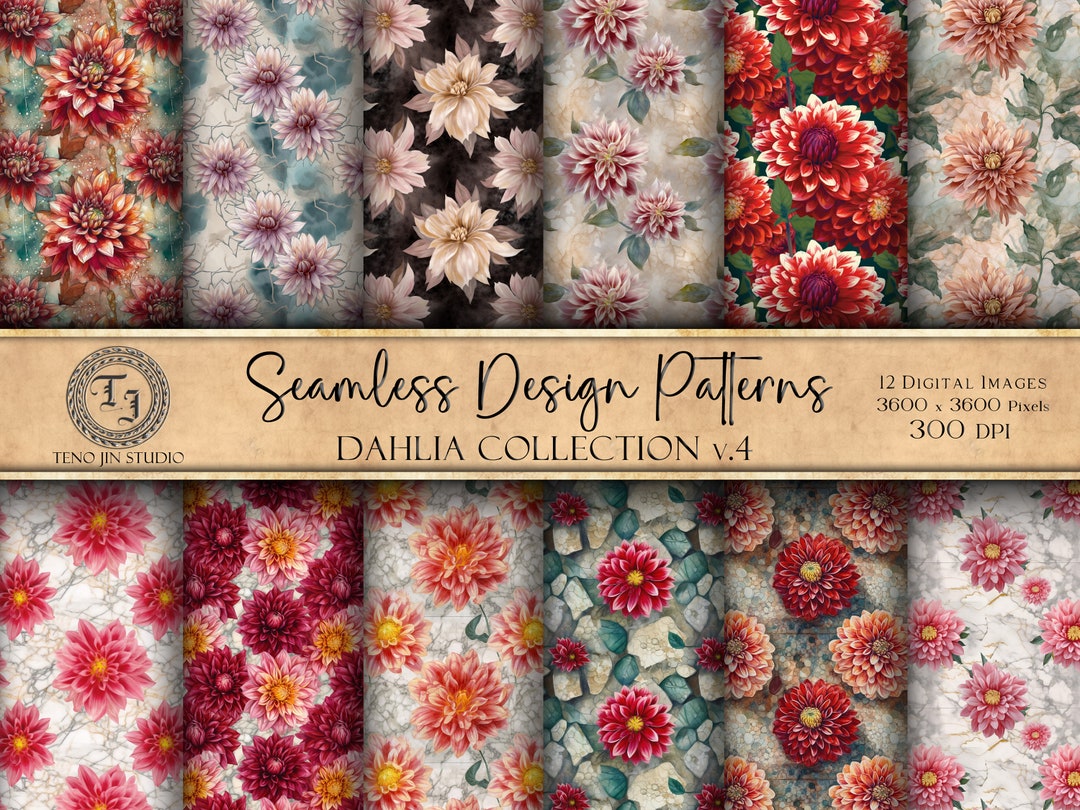 Dahlia Digital Design Paper Seamless Floral Pattern Set Flower ...