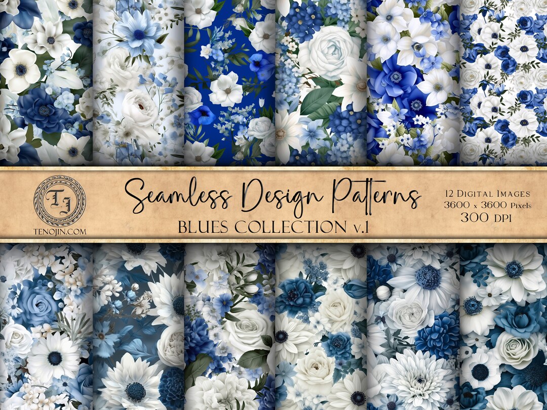 Blue Floral Digital Design Paper Seamless Botanical Pattern Set Flower ...