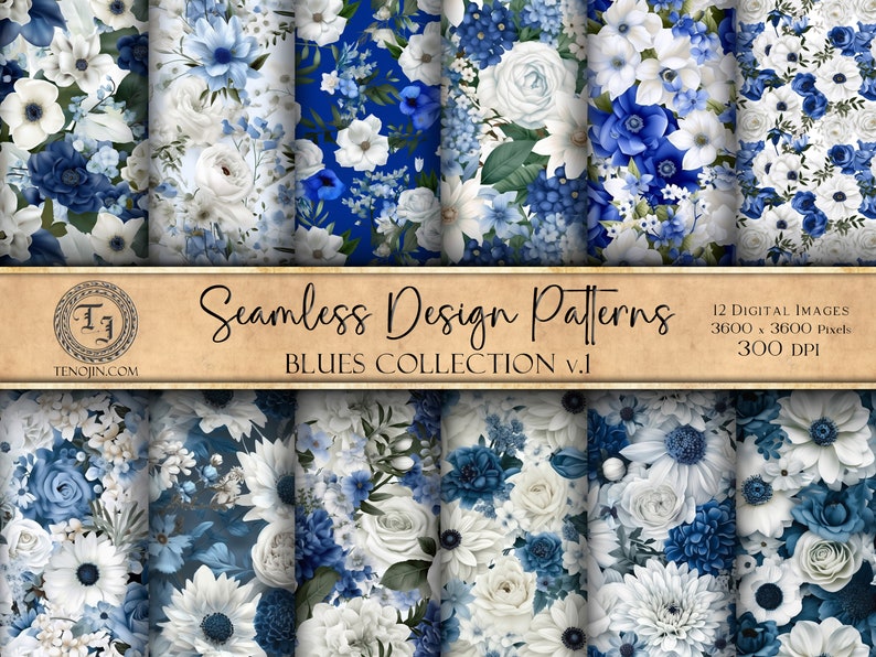 Blue Floral Digital Design Paper Seamless Botanical Pattern Set Flower ...