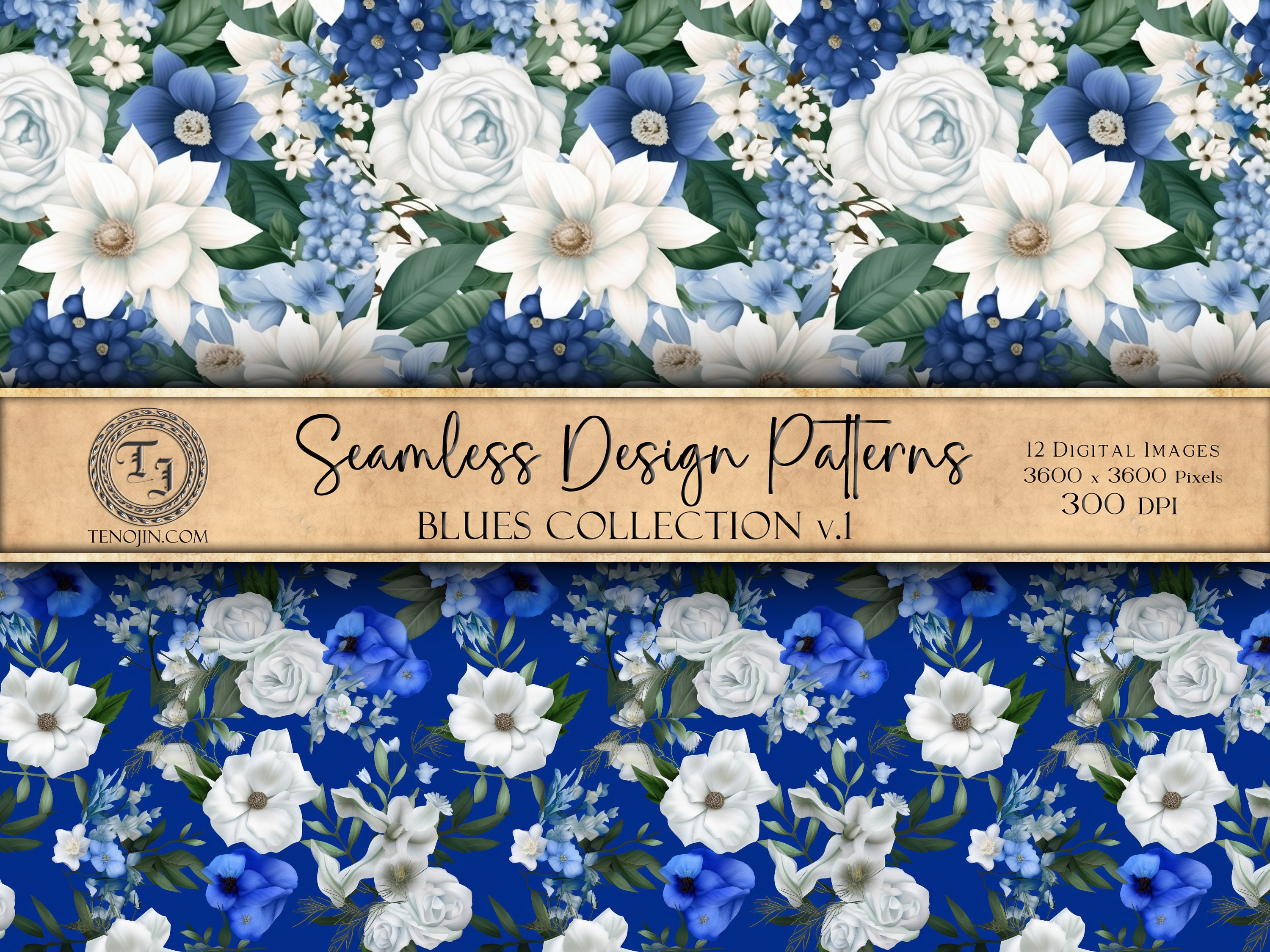 Blue Floral Digital Design Paper Seamless Botanical Pattern Set Flower ...