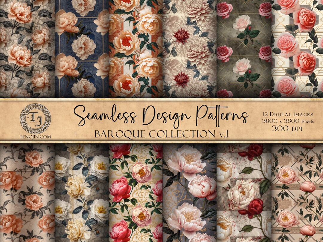 Baroque Digital Design Paper Seamless Floral Pattern Set Flower ...