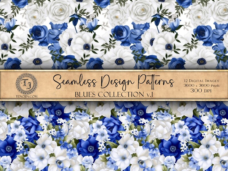 Blue Floral Digital Design Paper Seamless Botanical Pattern Set Flower ...