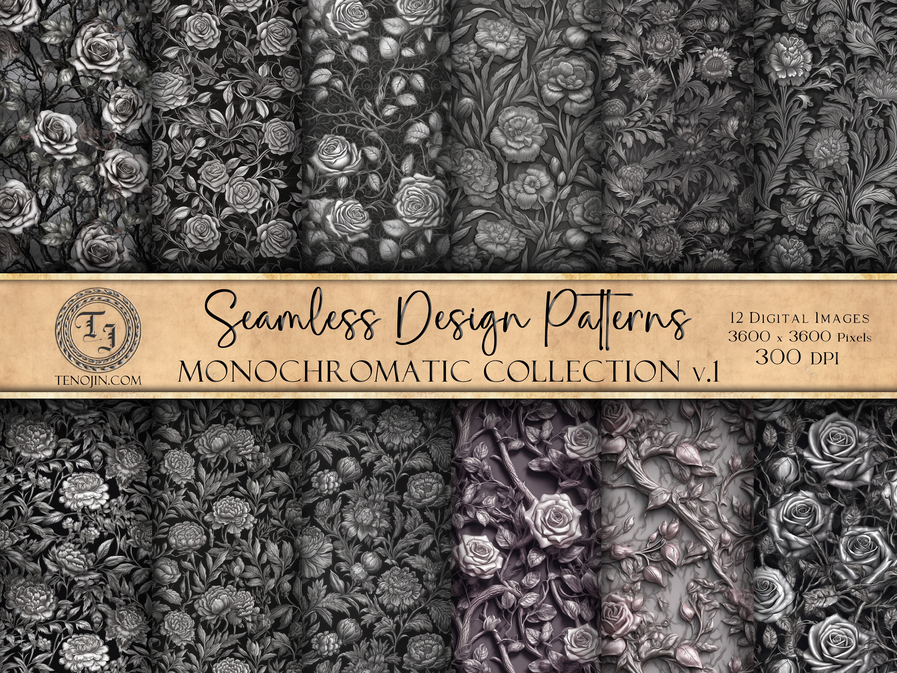 Monochromic Design Pattern Seamless Flower Grayscale Image Set - Etsy