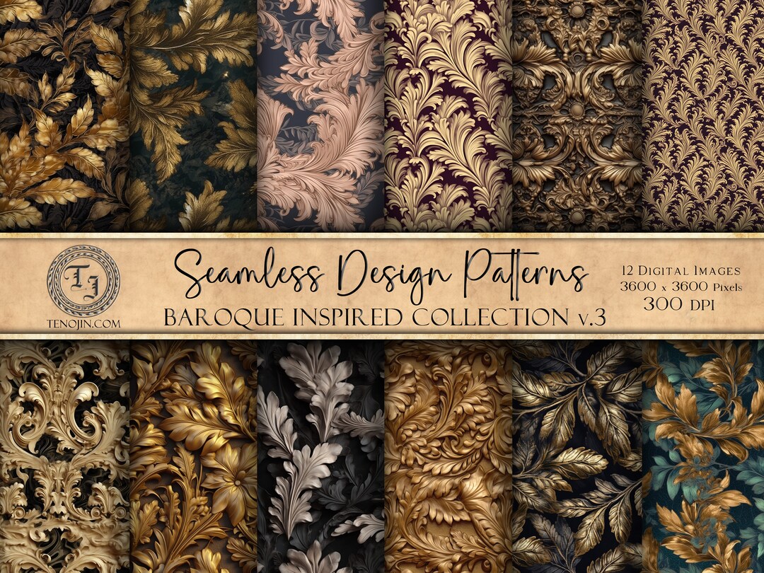 Baroque Digital Design Papers, Seamless Leaves Pattern Set, Foliage ...