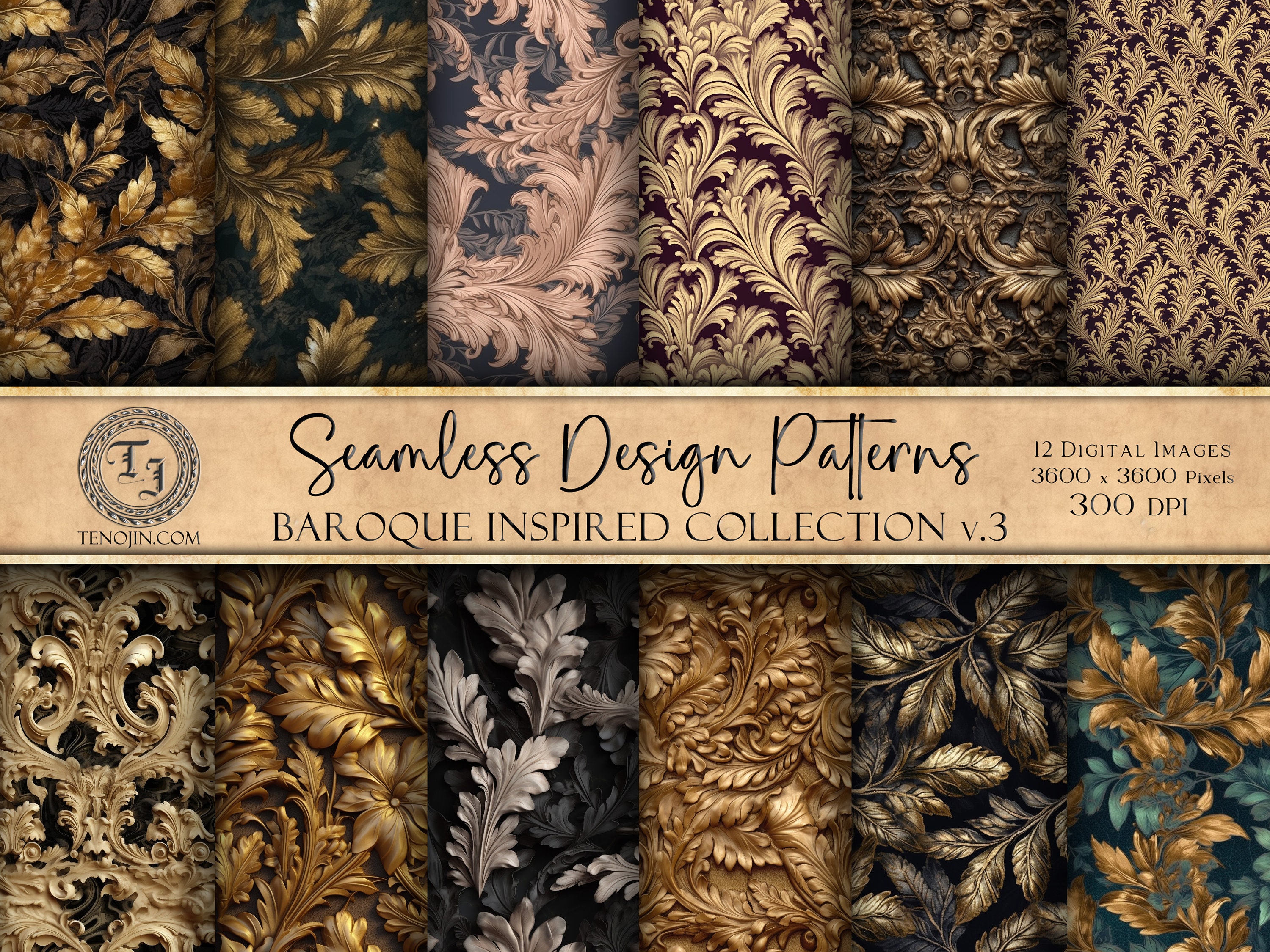 Baroque Digital Design Papers Seamless Leaves Pattern Set - Etsy