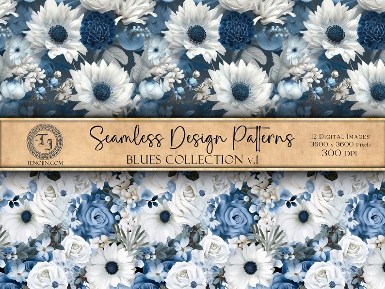 Blue Floral Digital Design Paper Seamless Botanical Pattern Set Flower ...
