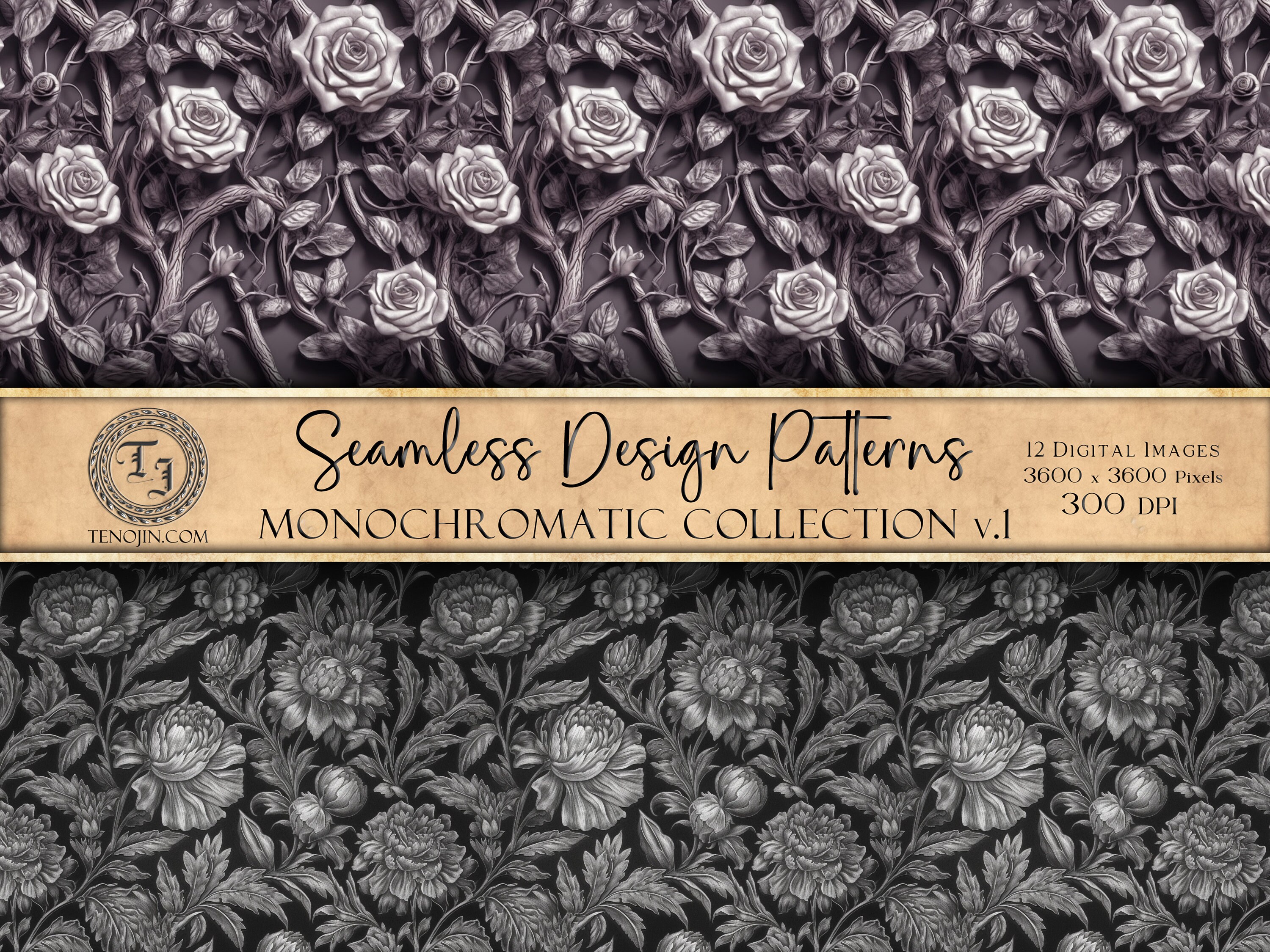 Monochromic Design Pattern Seamless Flower Grayscale Image Set - Etsy