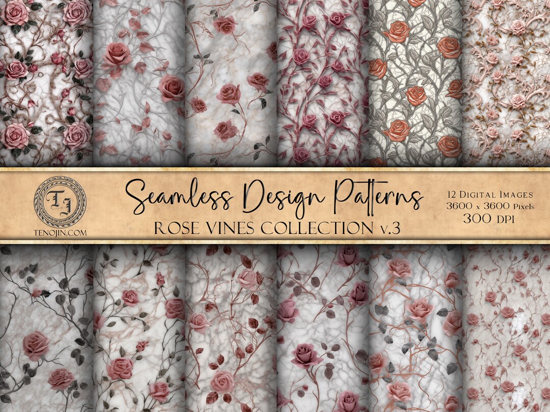 Rose Vines Digital Design Papers, Seamless Flower Pattern Art Set ...