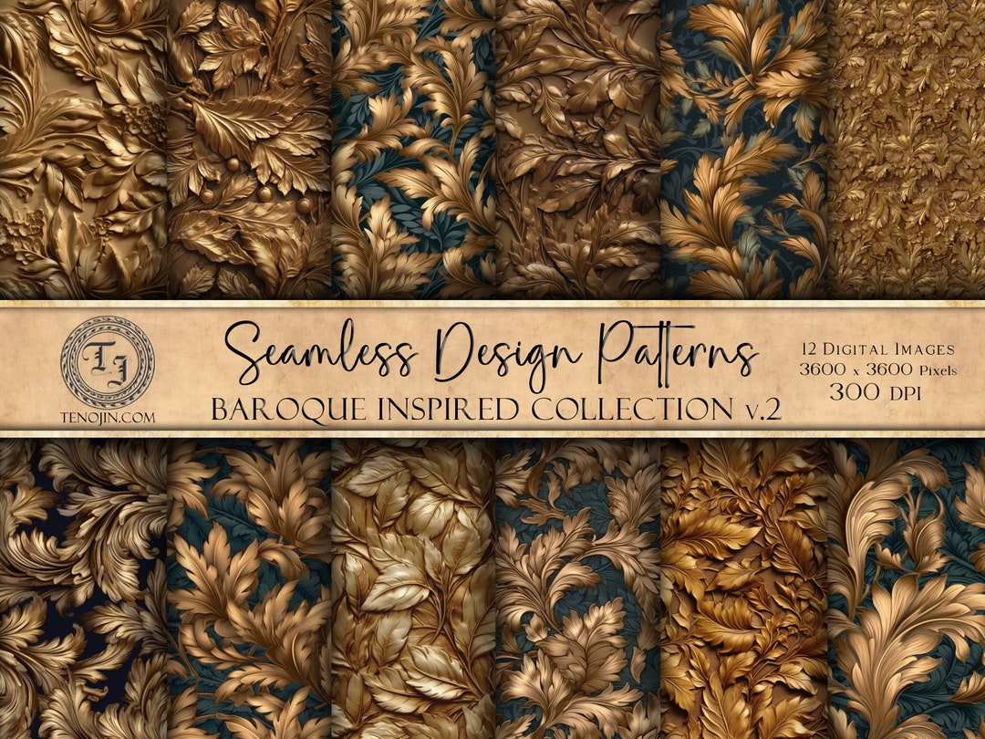 Baroque Digital Design Paper Seamless Leaves Pattern Set Foliage ...