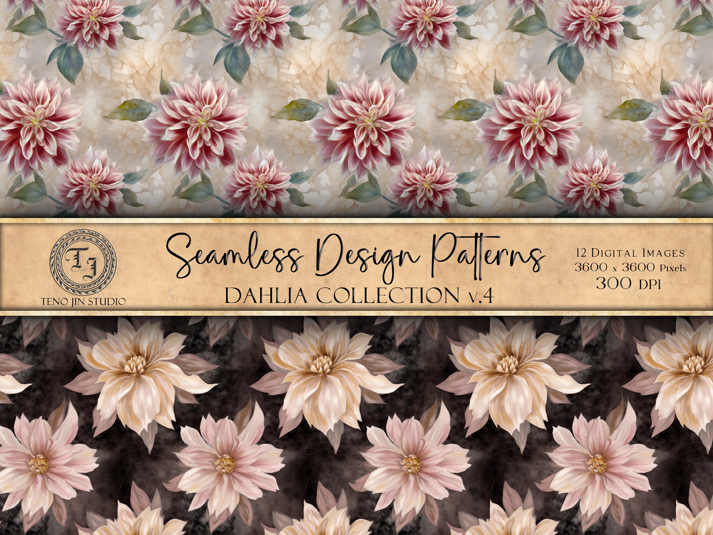 Dahlia Digital Design Paper Seamless Floral Pattern Set Flower ...