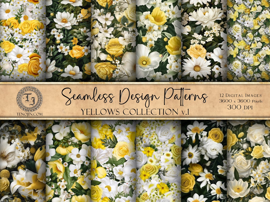 Yellow Floral Digital Design Paper Seamless Botanical Pattern Set ...