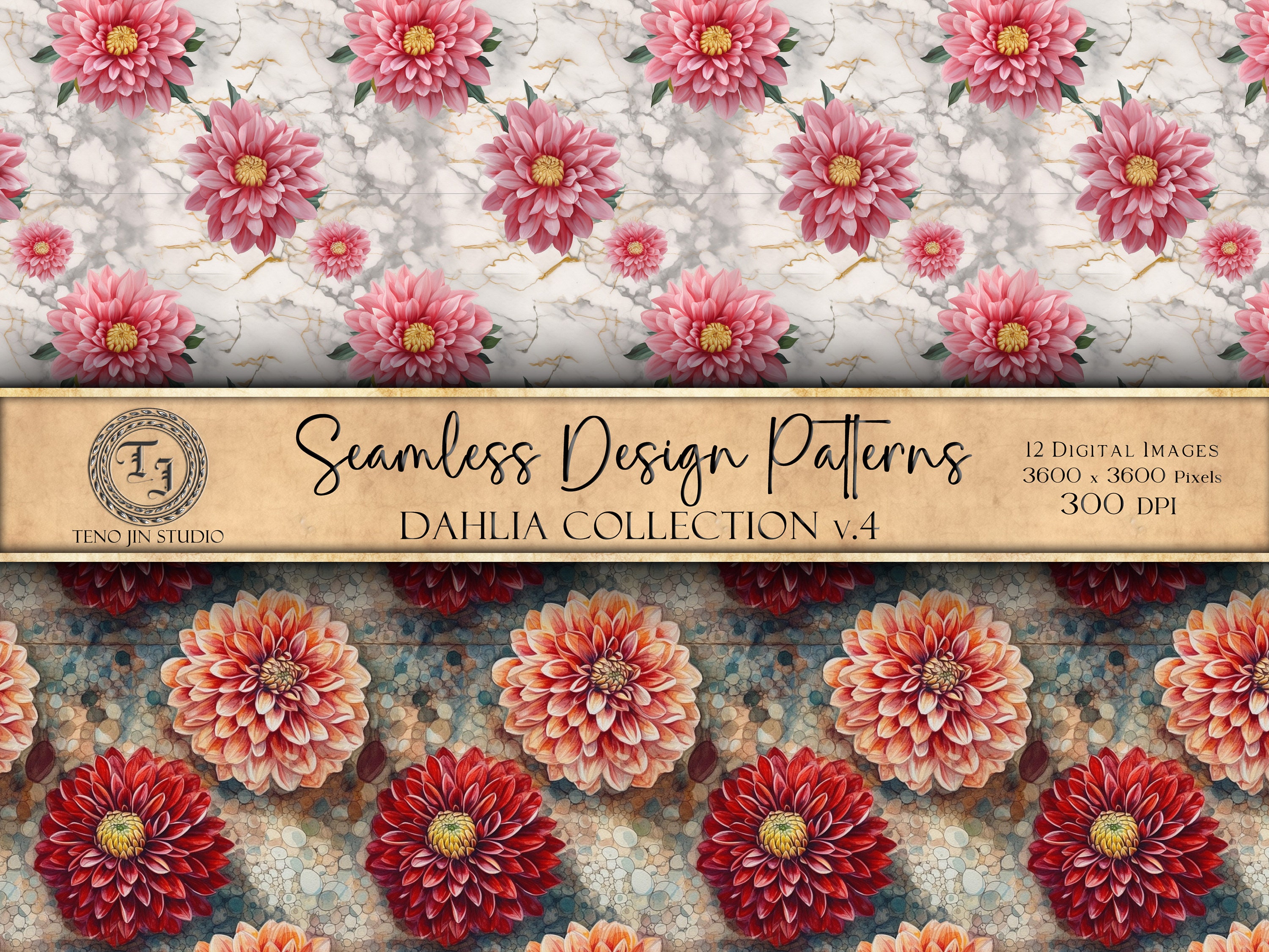 Dahlia Digital Design Paper Seamless Floral Pattern Set Flower ...