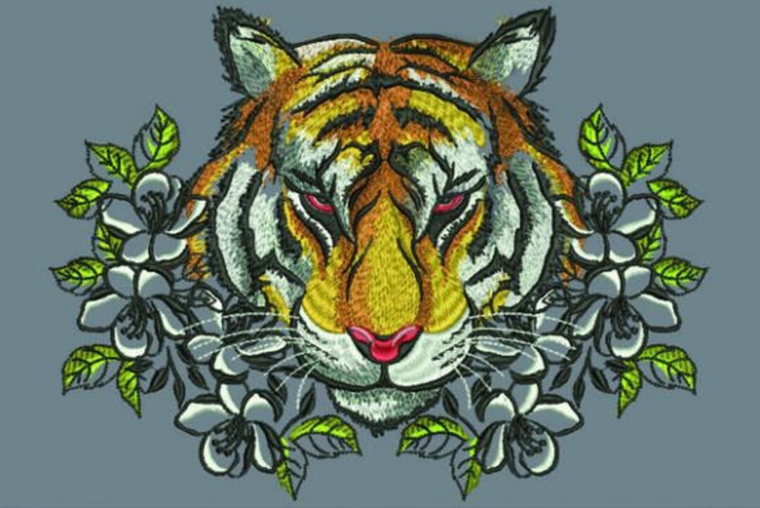 Tiger and Flowers Machine Embroidery Design Tiger Embroidery Files ...