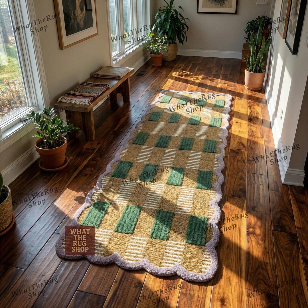 Scalloped Checkered Runner Rug, Green and Ochre Handmade Wool Bath Mat ...