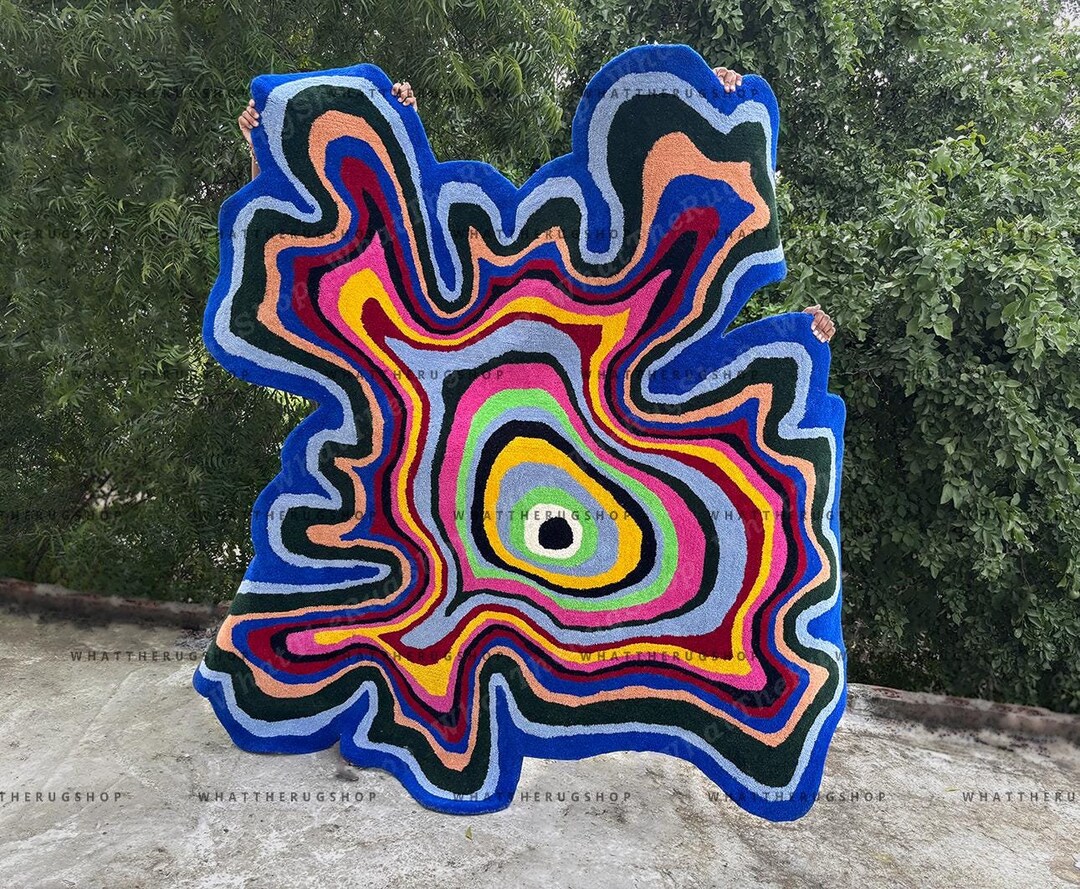 Irregular Blue Hand Tufted Bloom Psychedelic Area Rug for Living Dining ...