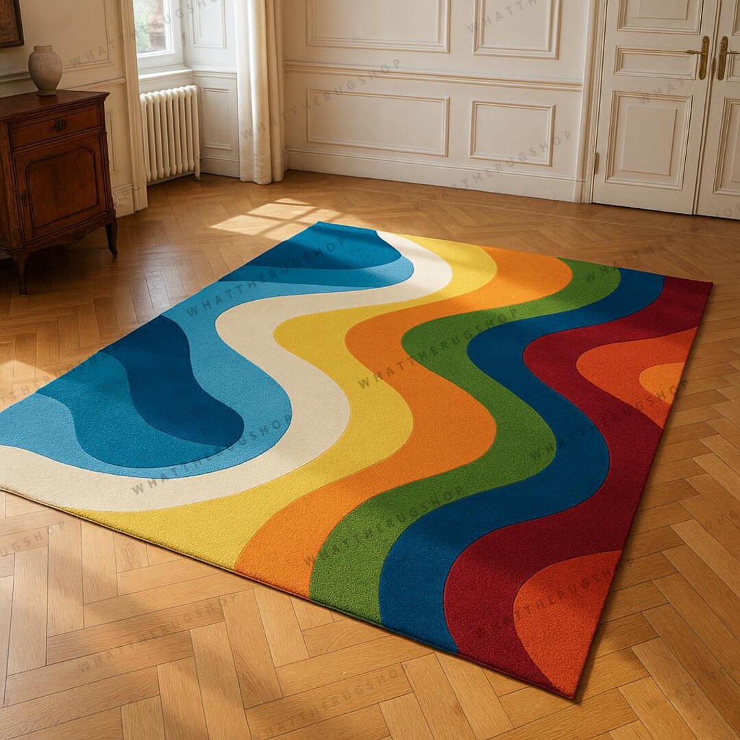 Hand Tufted Rainbow Wavy Rug, Maximalist Pop Art Wool Carpet, Groovy ...