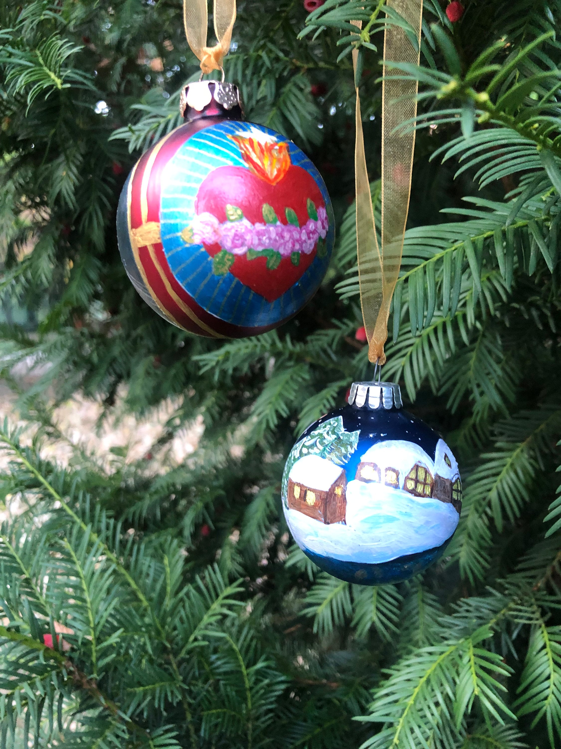 A Pair of Hand Painted Catholic Christian Christmas Tree Ornaments With ...