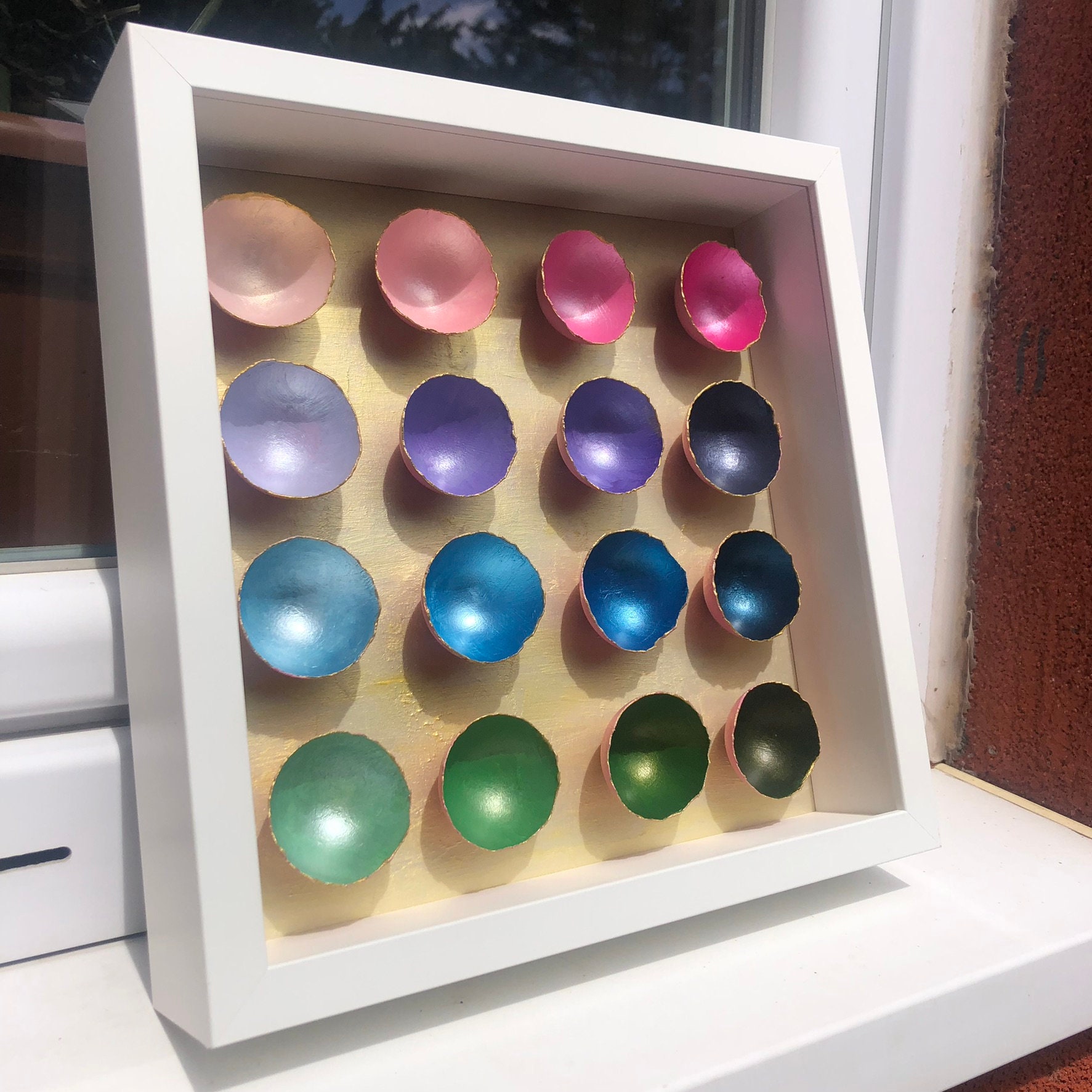 3D Mixed Media Shiny Rainbow Art, Multicolor Eggshell Collage in Shadow ...