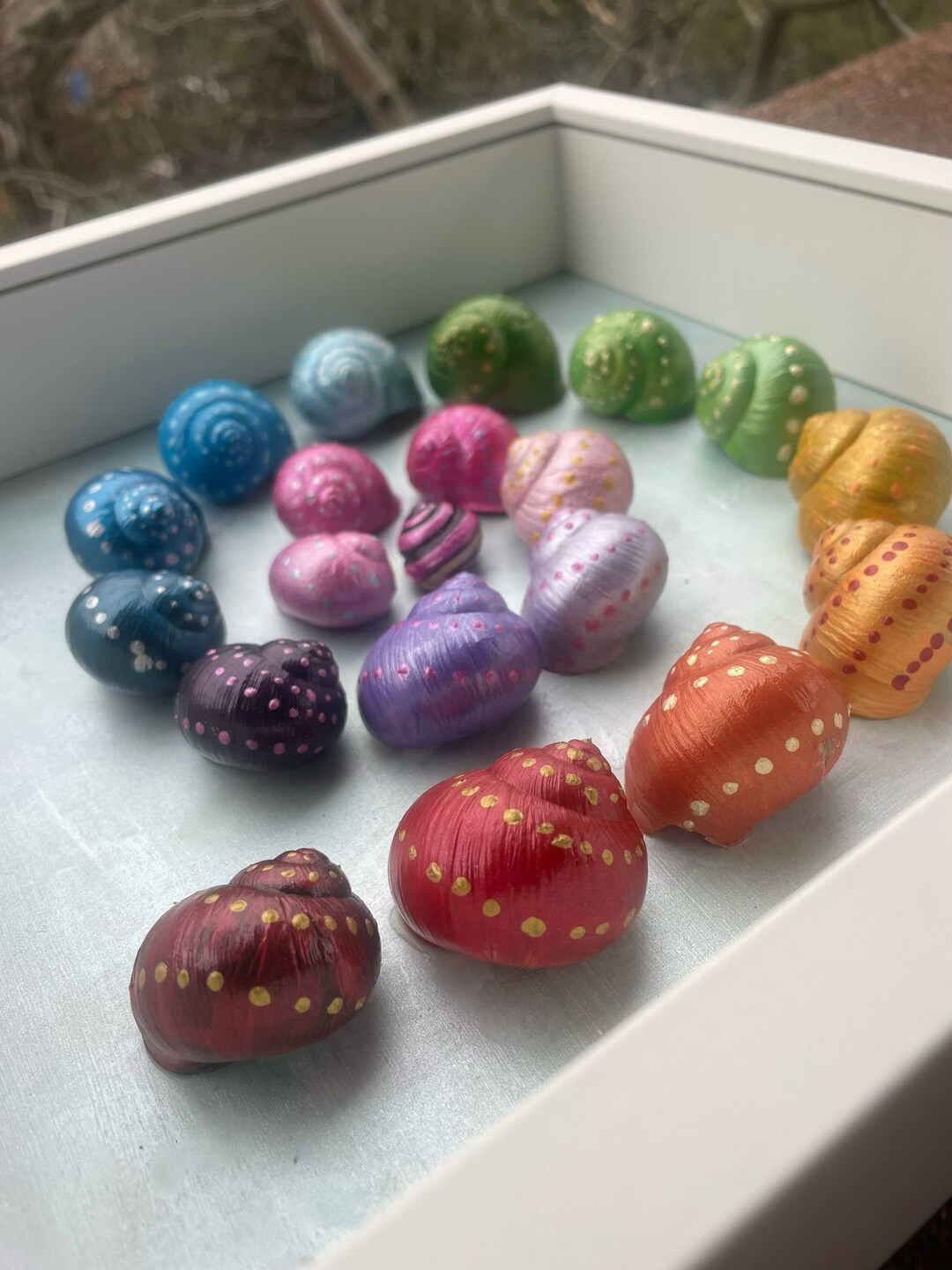 Rainbow Snail Shell Spiral Collage, Shiny, Metallic Colors in Shadow ...