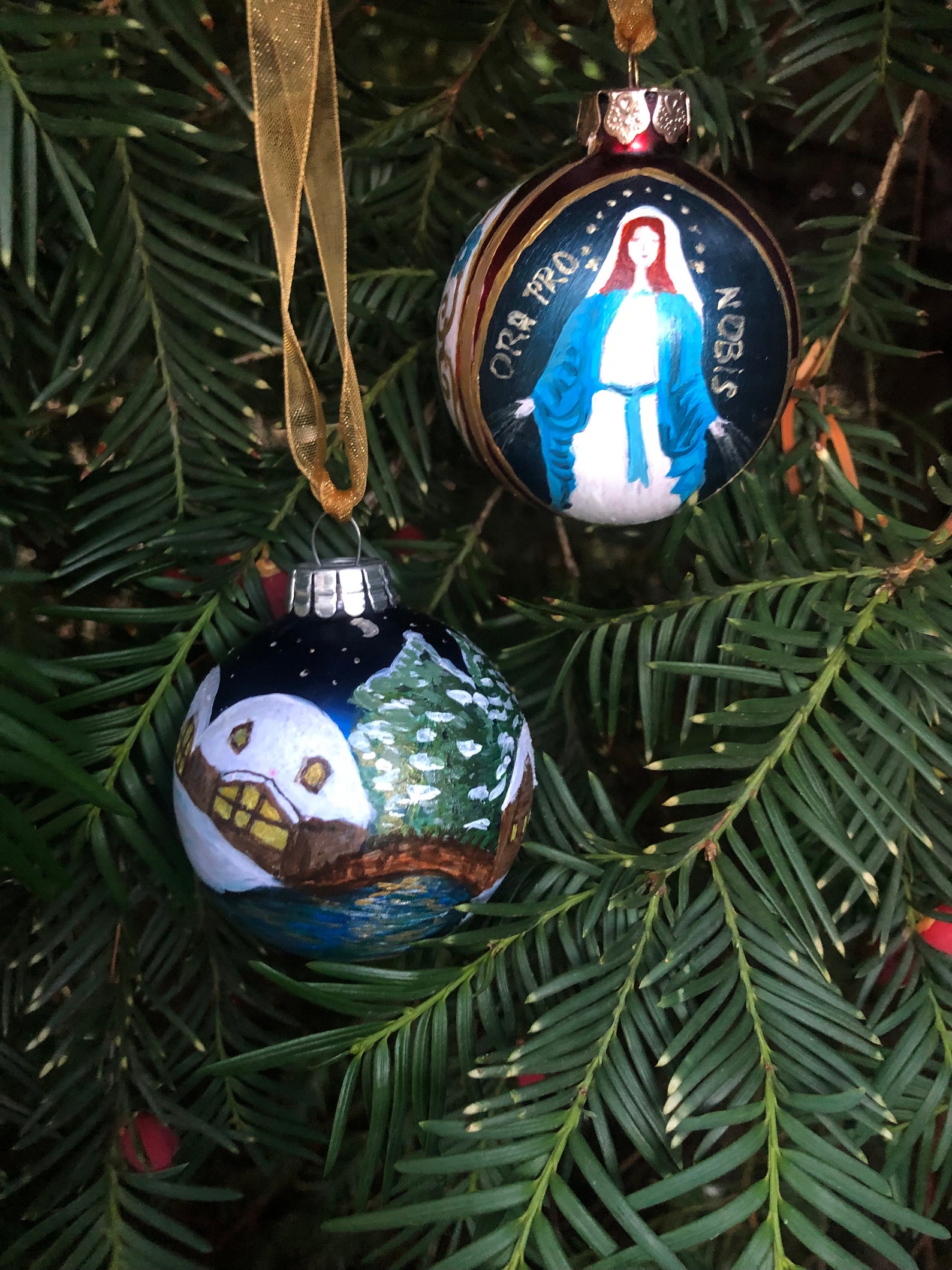 A Pair of Hand Painted Catholic Christian Christmas Tree Ornaments With ...