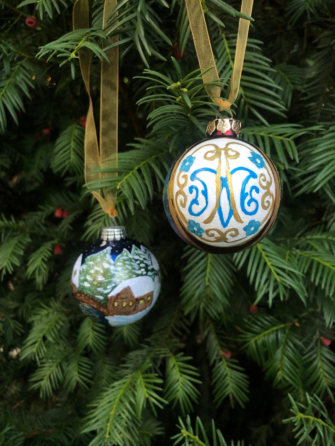 A Pair of Hand Painted Catholic Christian Christmas Tree Ornaments With ...