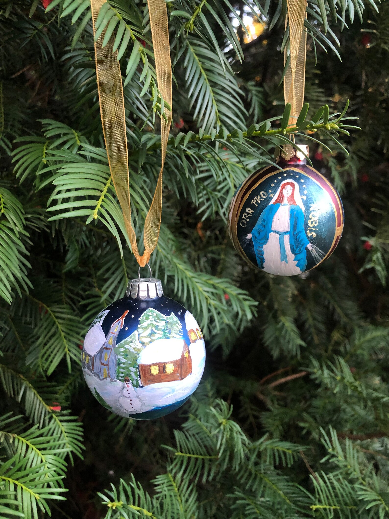 A Pair of Hand Painted Catholic Christian Christmas Tree Ornaments With ...