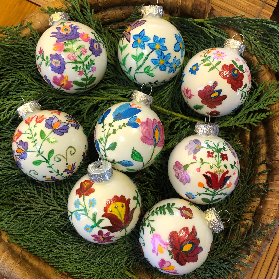 White Glass Christmas Baubles With Floral Folk Design - Etsy