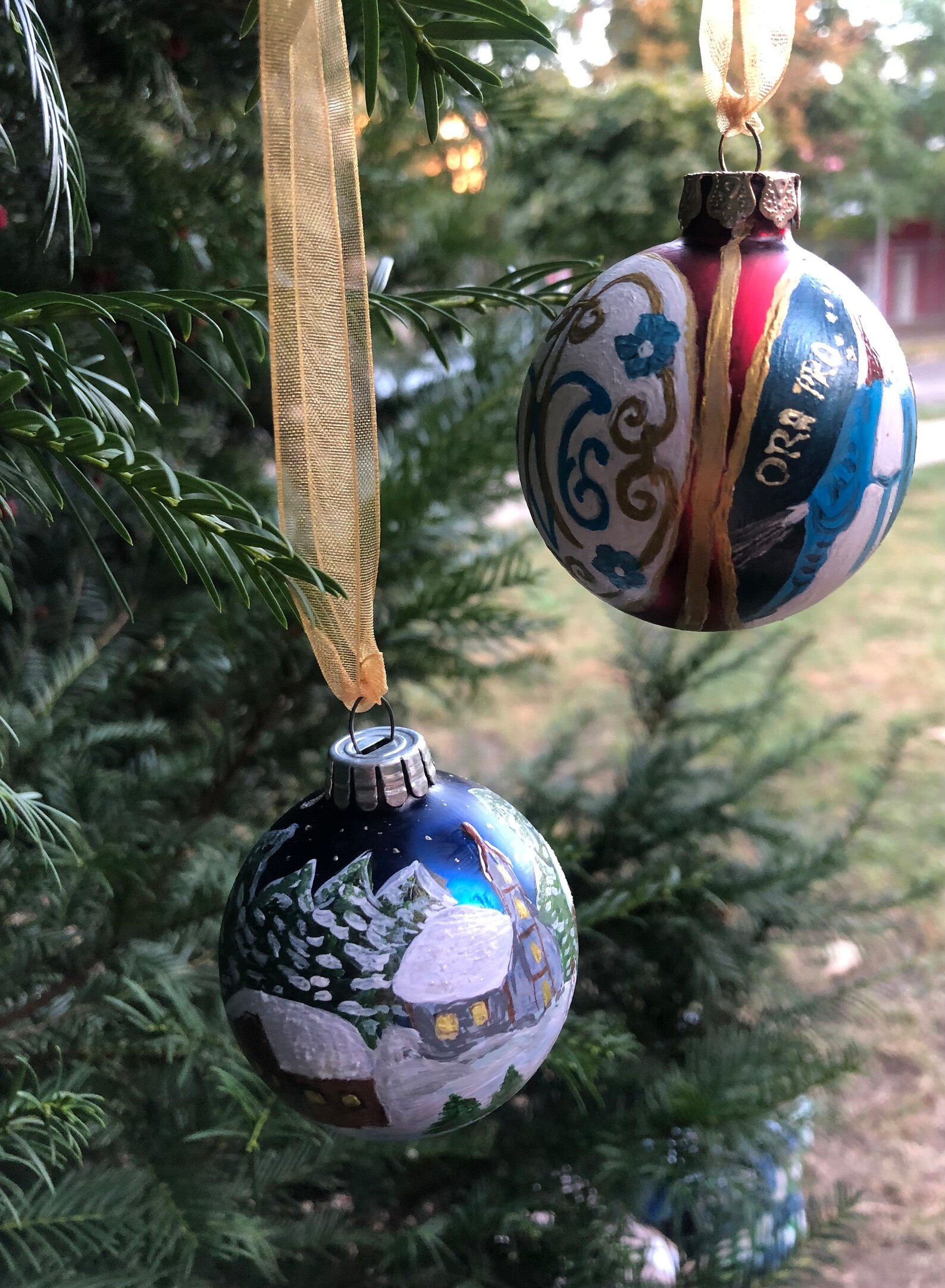 A Pair of Hand Painted Catholic Christian Christmas Tree Ornaments With ...