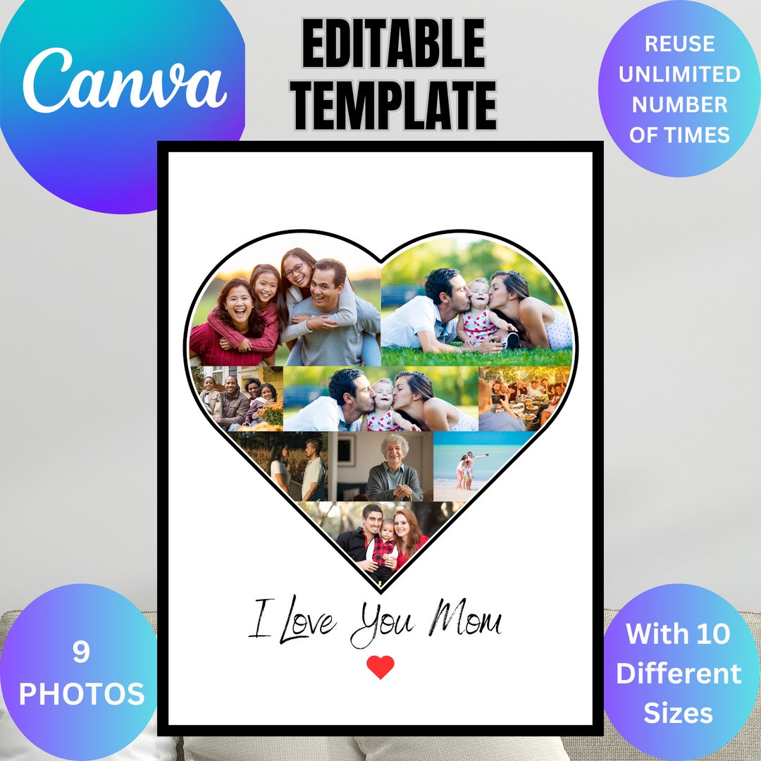 Heart Photo Collage Template Mother's Day Gift Editable Template - Etsy
