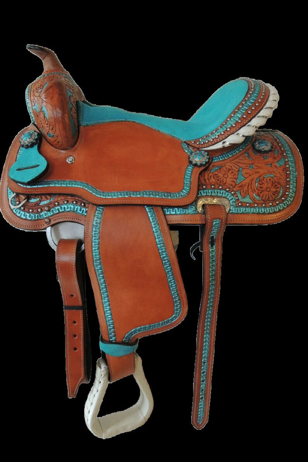 Barrel Racing Western Leather Tooled Show Horse Saddle Tack Set Bridle ...